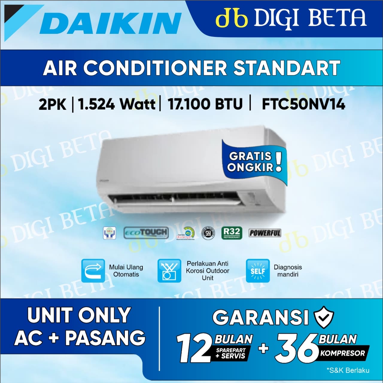 AC Daikin 2 PK Standart FTC50NV14 Air Conditioner Split 1524 Watt ...