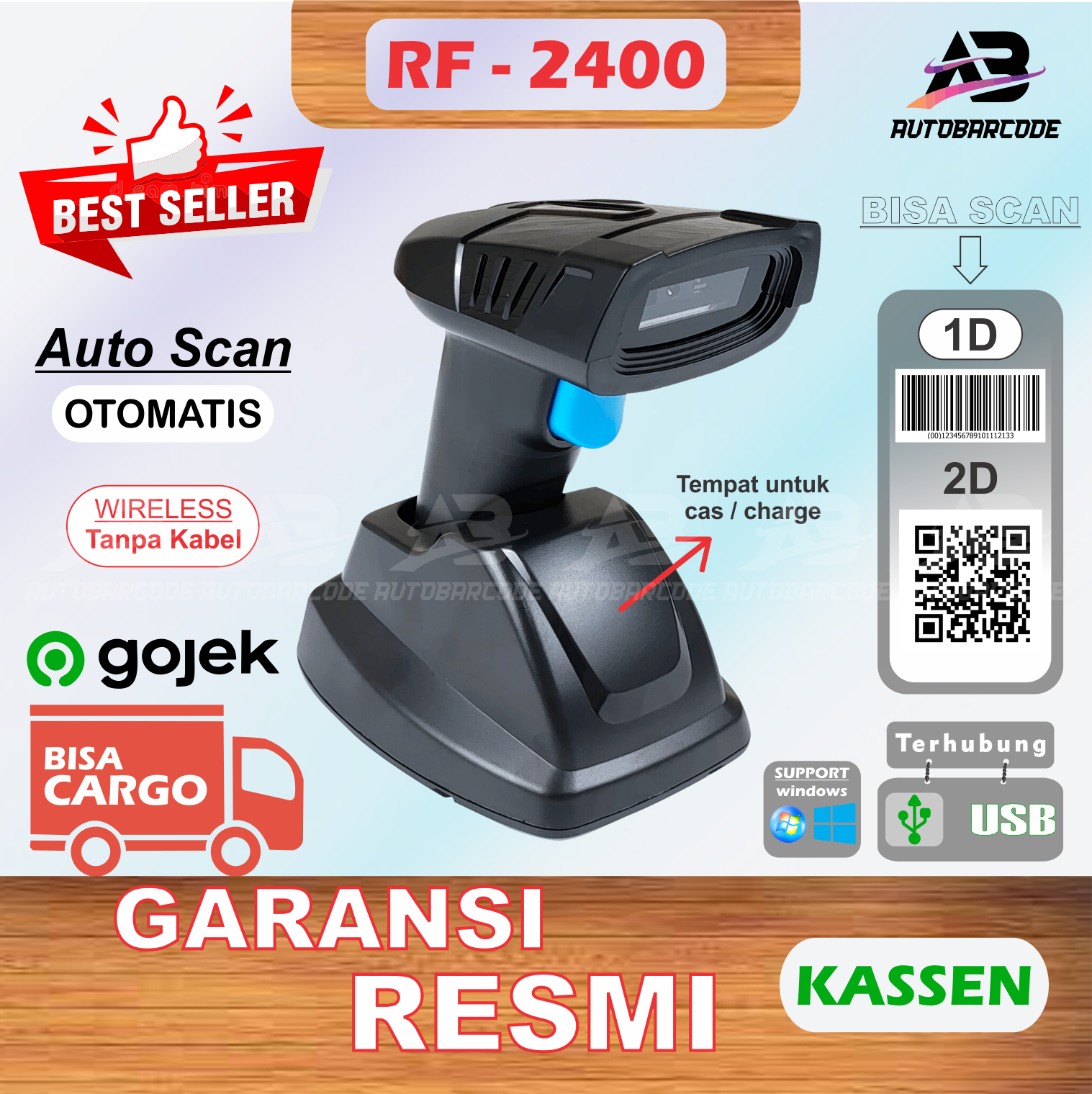 Kassen RF-2400 Scanner Barcode 1D 2D Wireless Up to 400M RF2400 Scan QR ...
