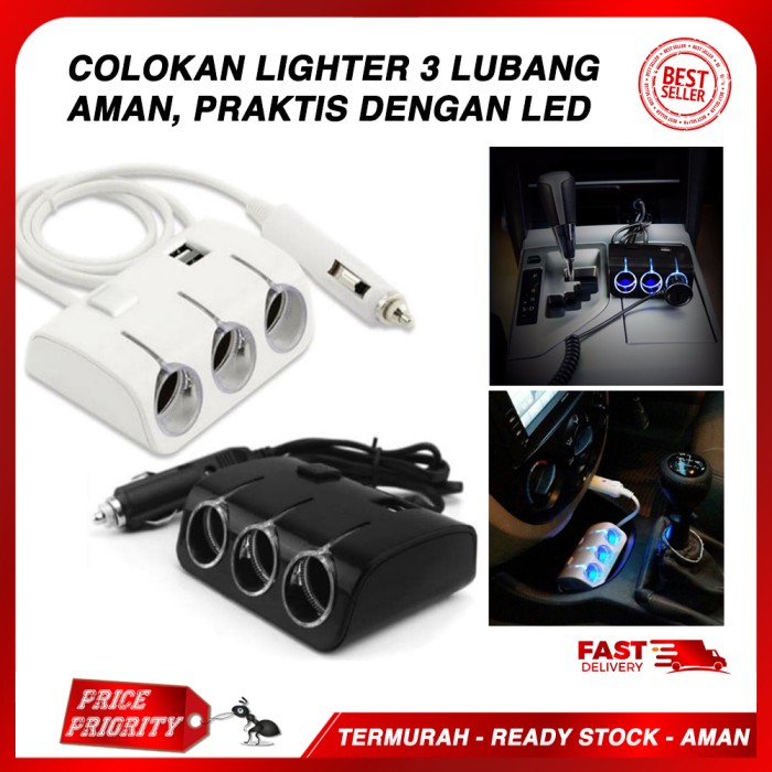 colokan lighter mobil 3 lubang usb charger triple socket ciggarate led ...