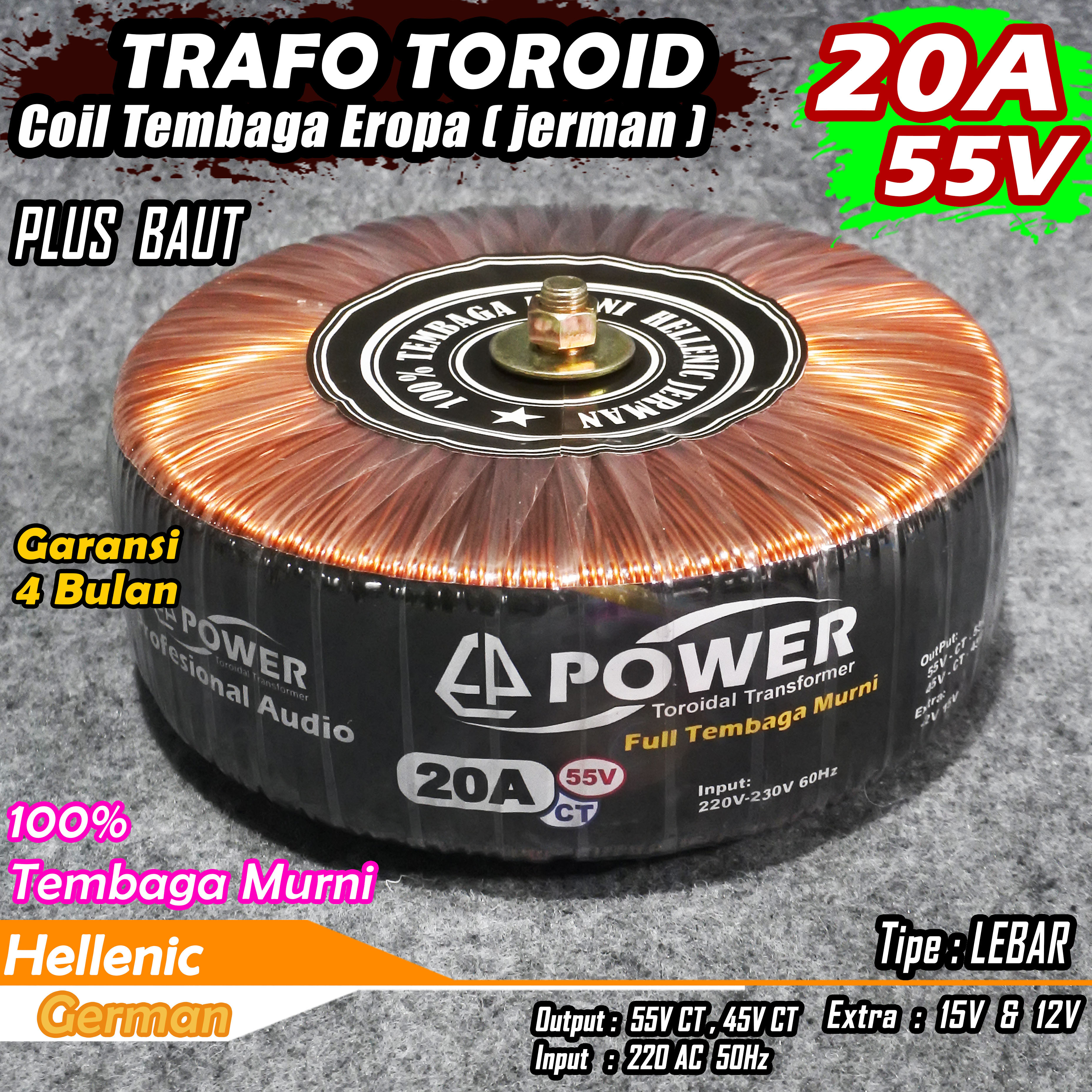 Trafo Toroid 20A (MURNI) 55V CT - 45V CT Dengan Full Tembaga Murni Helenic Jerman tipe LEBAR ...