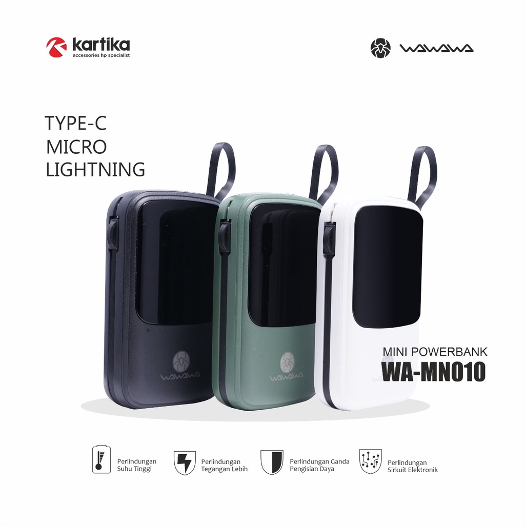 WAWAWA Powerbank Mini 10.000mAh 3in-1 WA-MN010 Multiple Cable Included ...