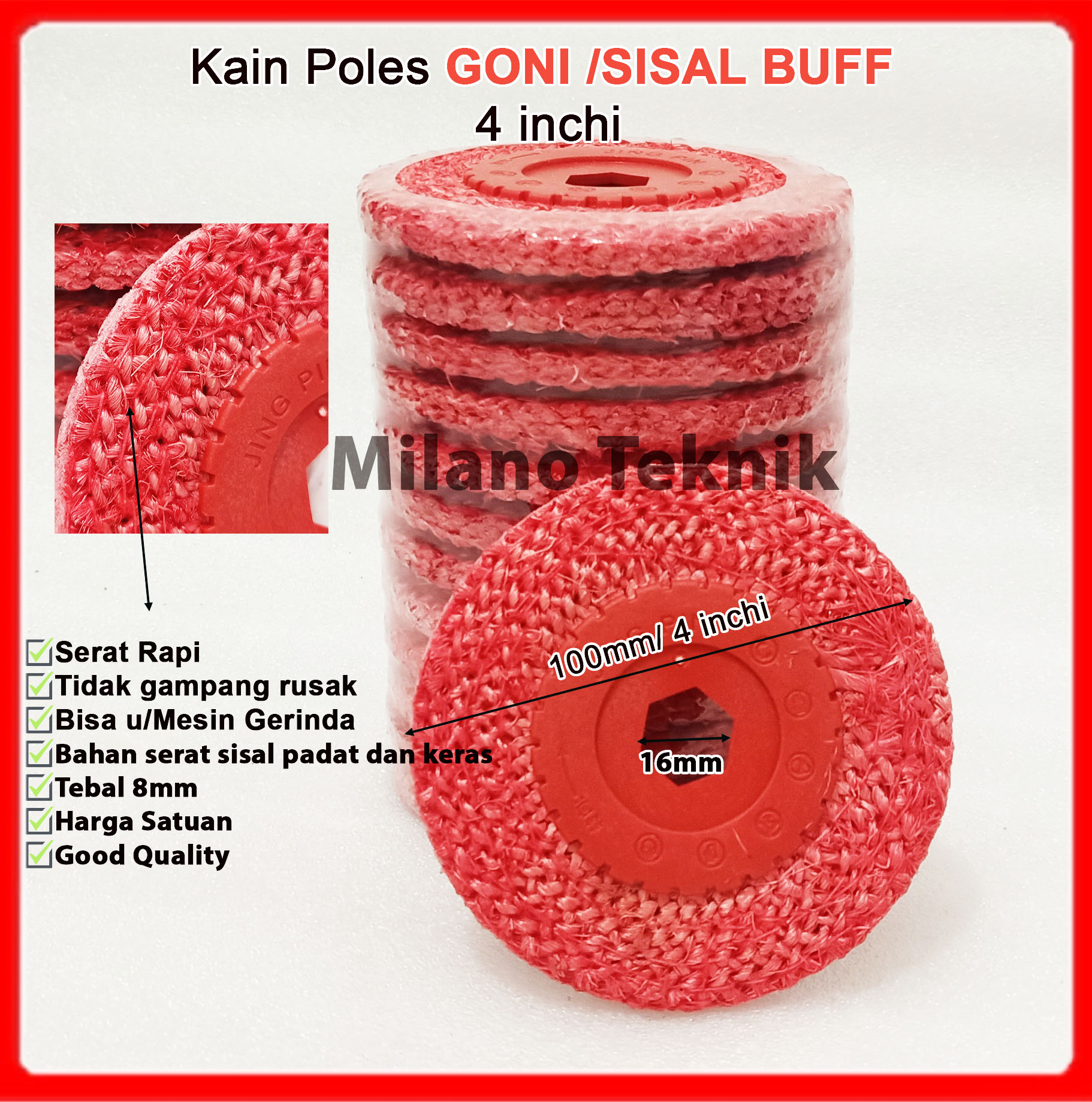 Kain Poles Goni 4 inchi /Serat SISAL BUFF 4" Merah /Mata Gerinda Poles ...