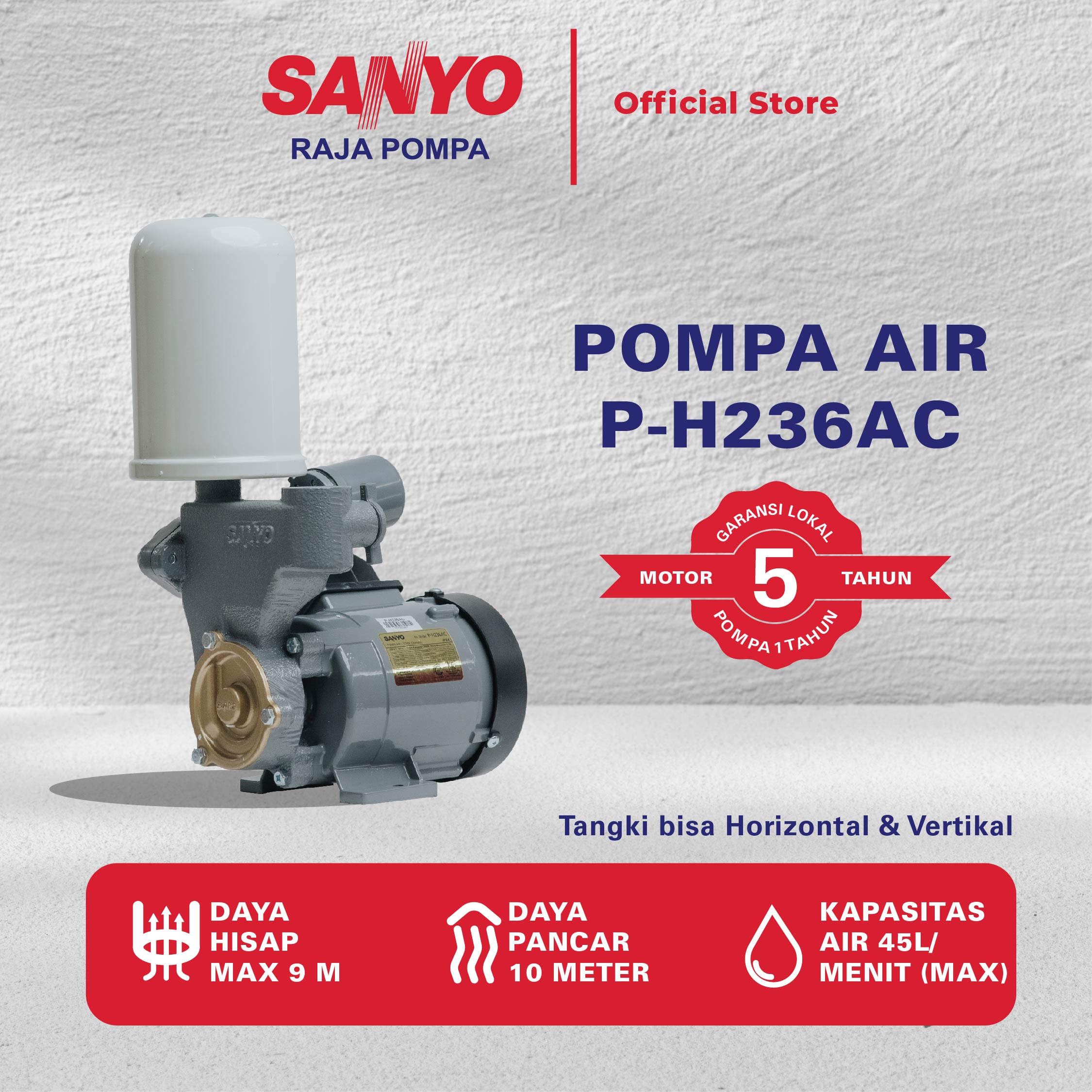 SANYO Mesin Pompa Air Sumur Otomatis - P-H236AC Horizontal & Vertikal ...