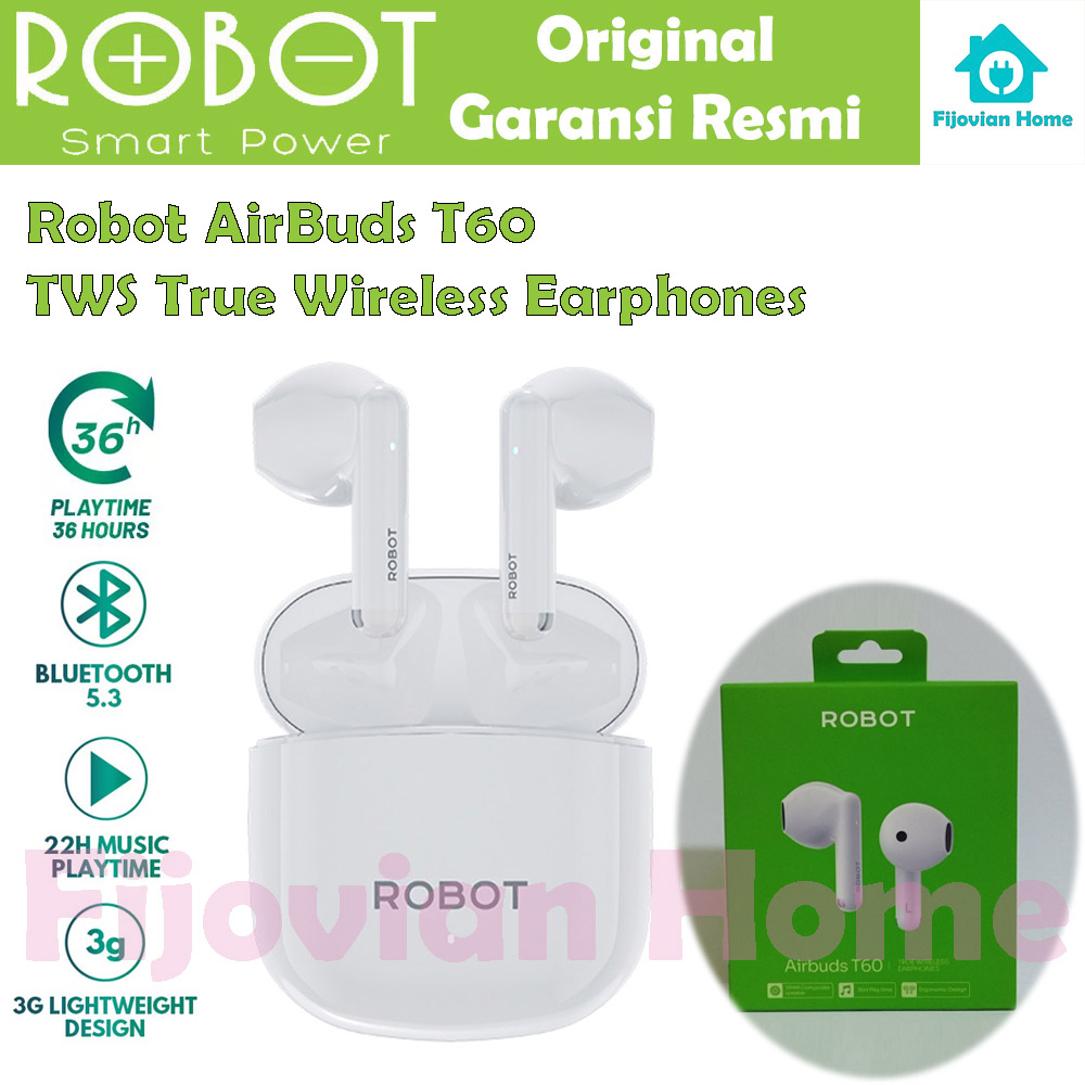 Headset Bluetooth Robot T60 Wireless Earphone TWS Airbuds Original ...