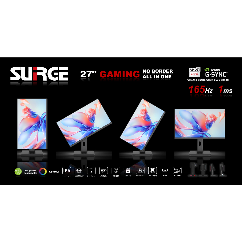 SUIRGE 27 inch HD Gaming Monitor Rotating Screen 165Hz 1K No Border 1ms ...