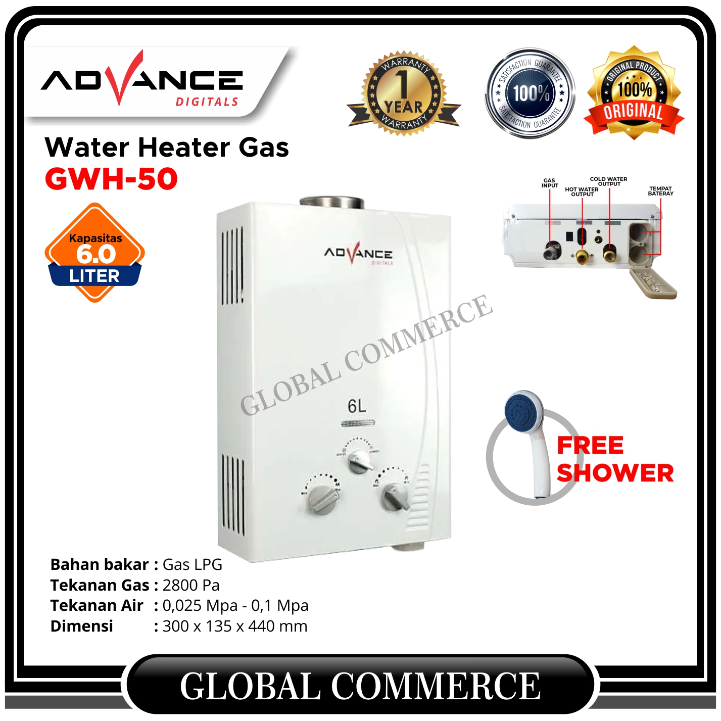 Advance Water Heater Gas 6 Liter GWH-50 Pemanas Air Gas GWH50 | Lazada Indonesia