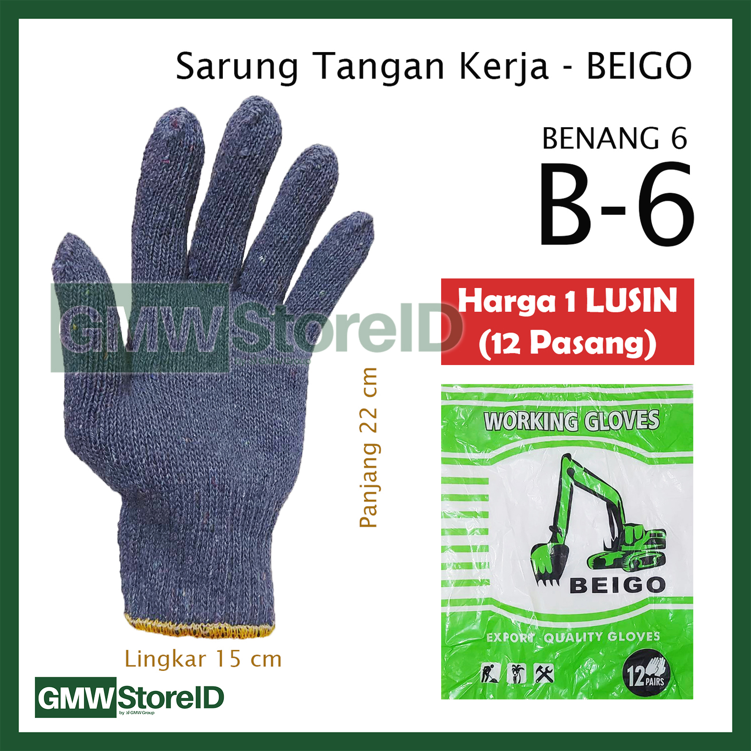 [LUSIN] W870 Sarung Tangan Kerja BEIGO Safety Gloves Rajut Abu-Abu B6 ...