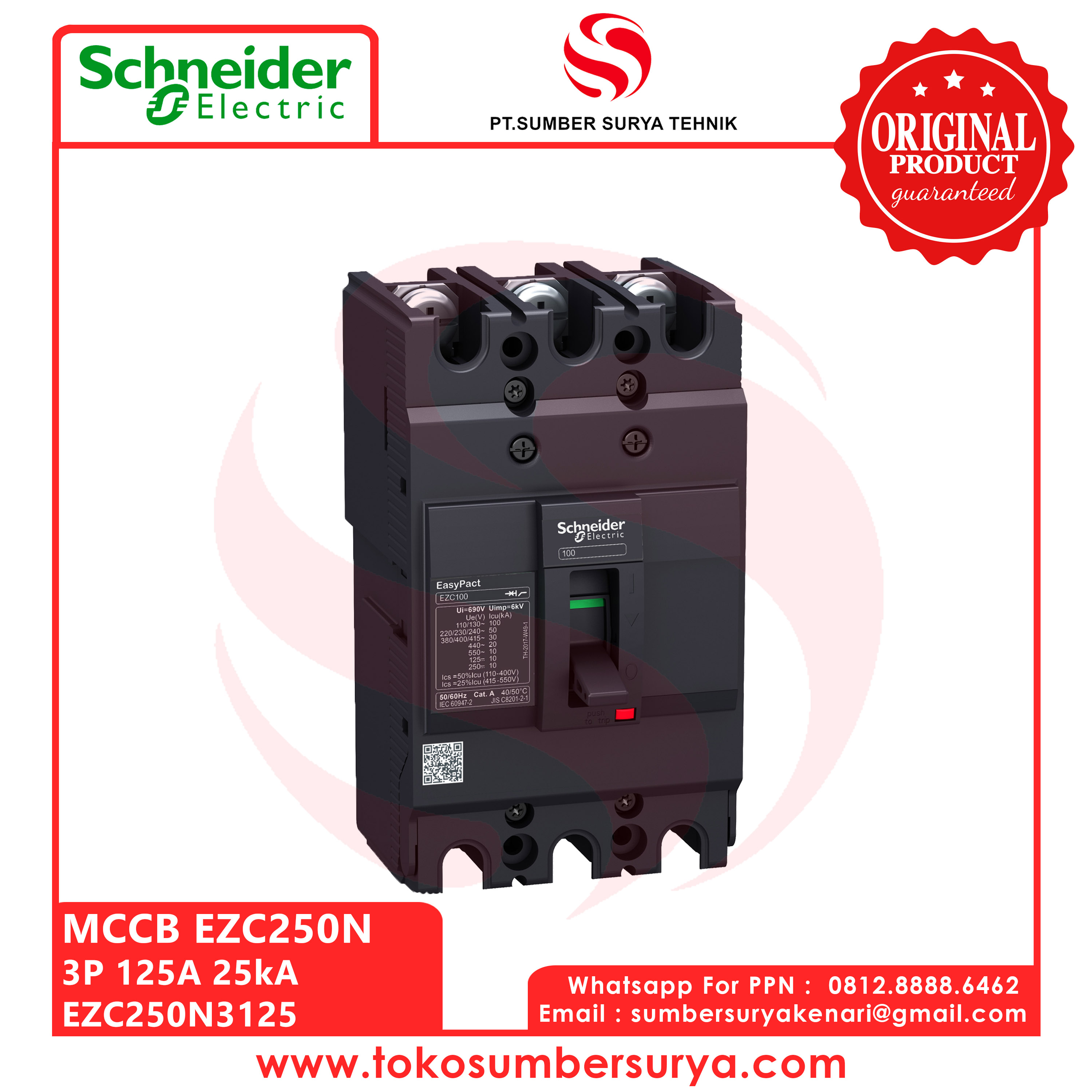 MCCB EZC250N 3P 125A 25kA Saklar Listrik ON OFF EZC250N3125 SNI Asli Ori EasyPact Schneider ...