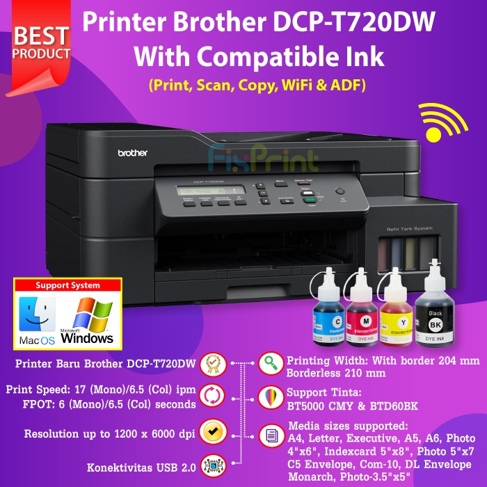 Printer Brother DCP-T720DW T720 WiFi Print Scan Copy Tinta BT D60Bk ...