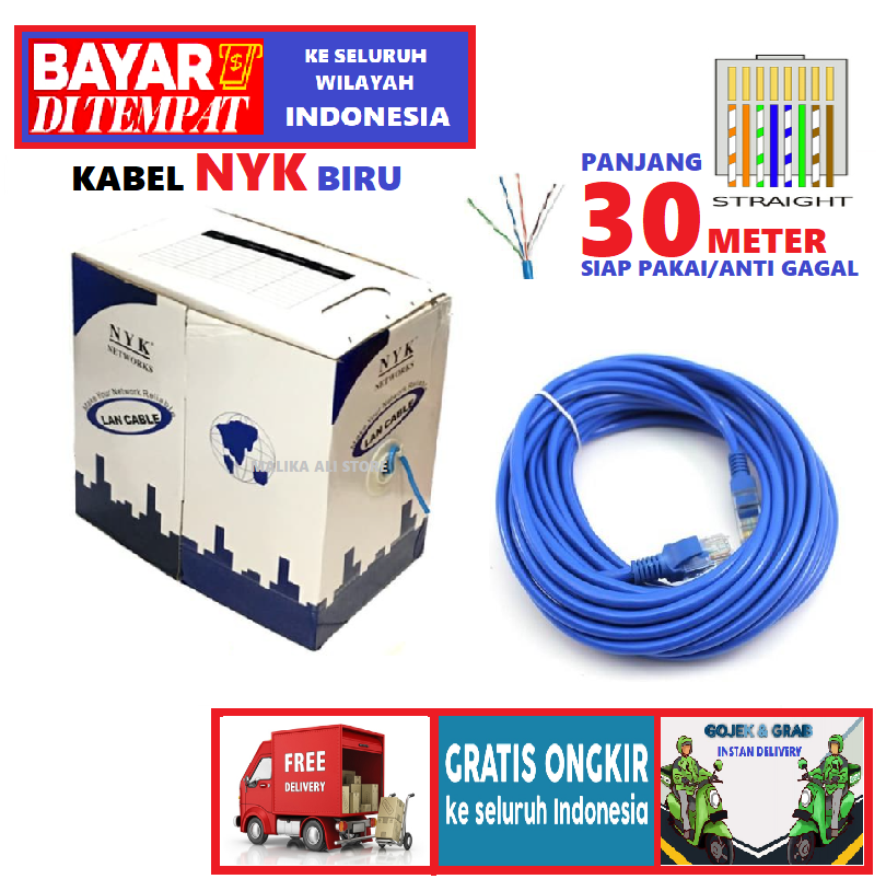 Kabel LAN WIFI ROUTER Cat 5E NYK BIRU-Panjang 30 Meter Siap pakai dan ...
