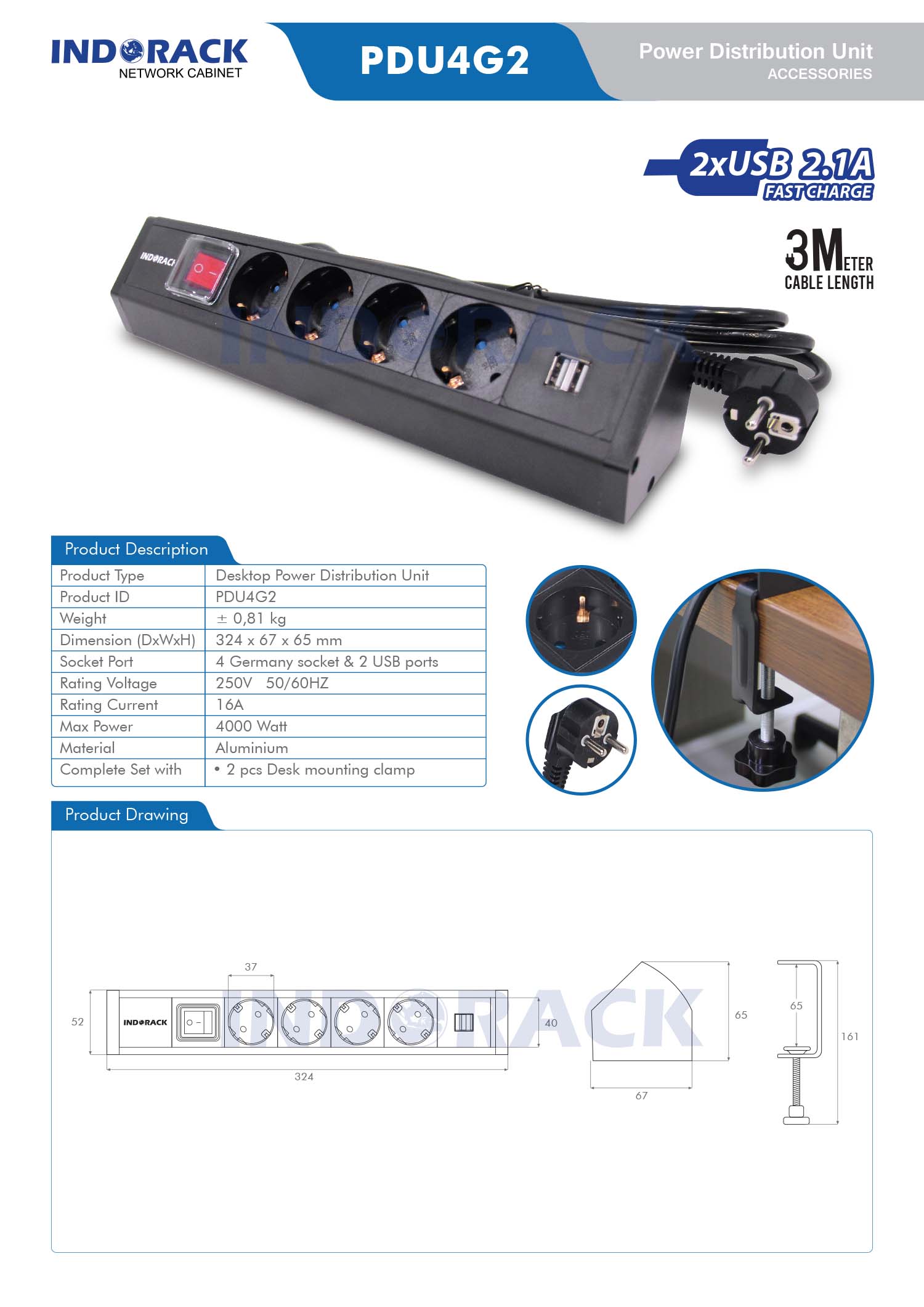 Indorack Power Distribution Unit Pdu4g2 4outlet Germany Socket 2port