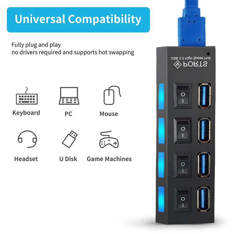 QAM - USB Hub 3.0 4 Port with Power Supply Sambungan USB Banyak Colokan ...