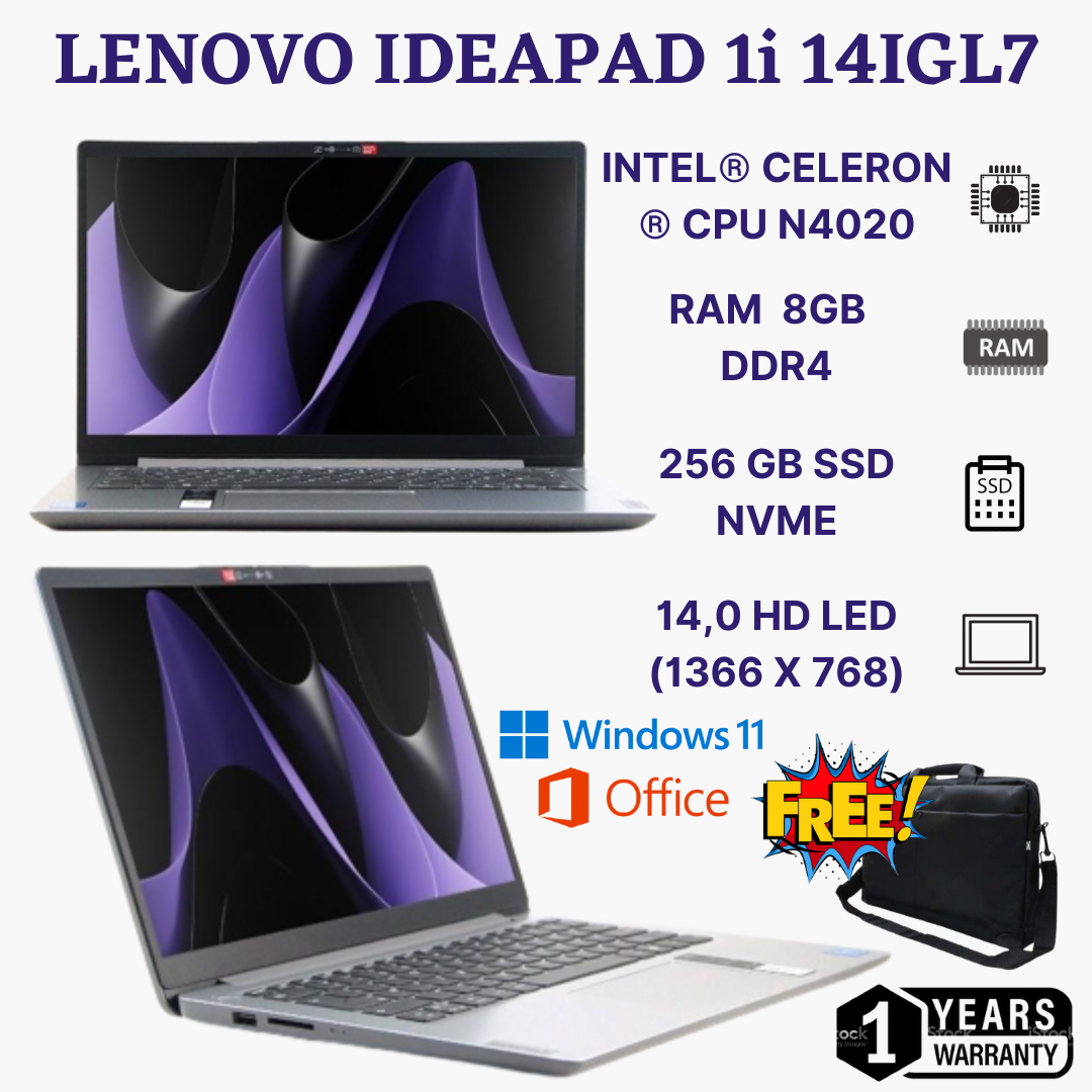 LENOVO IDEAPAD SLIM 1i 14IGL7 INTEL N4020 RAM 8GB SSD 256GB 14" WIFI 6 ...
