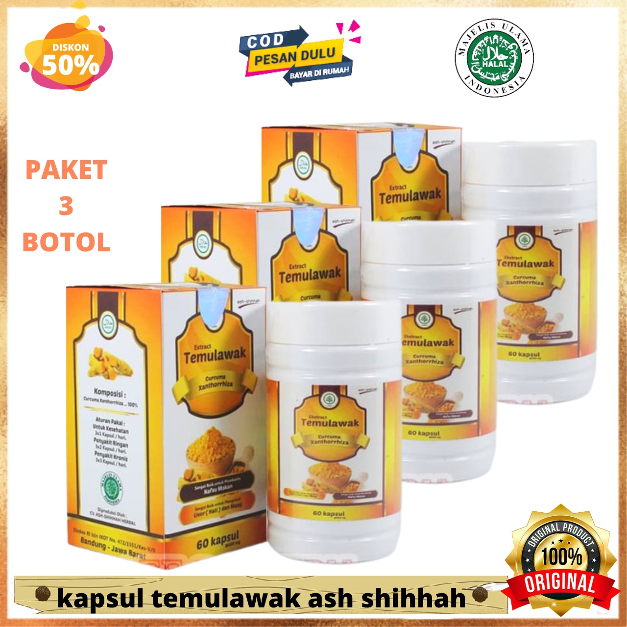 [ PAKET 3 BOTOL ] Kapsul Ekstrak TEMULAWAK ASH SHIHAH Mengatasi Penyakit Liver -Nafsu makan dan ...