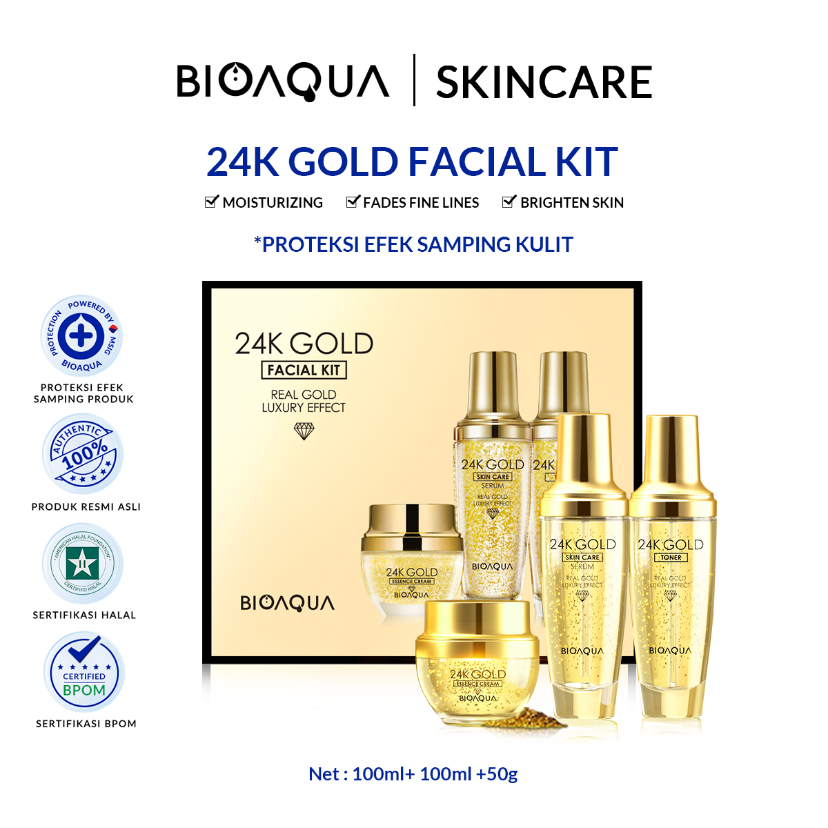 【BPOM】BIOAQUA 24K Gold Facial Kit Sets & Packages 24K Cream 50g + 24K ...