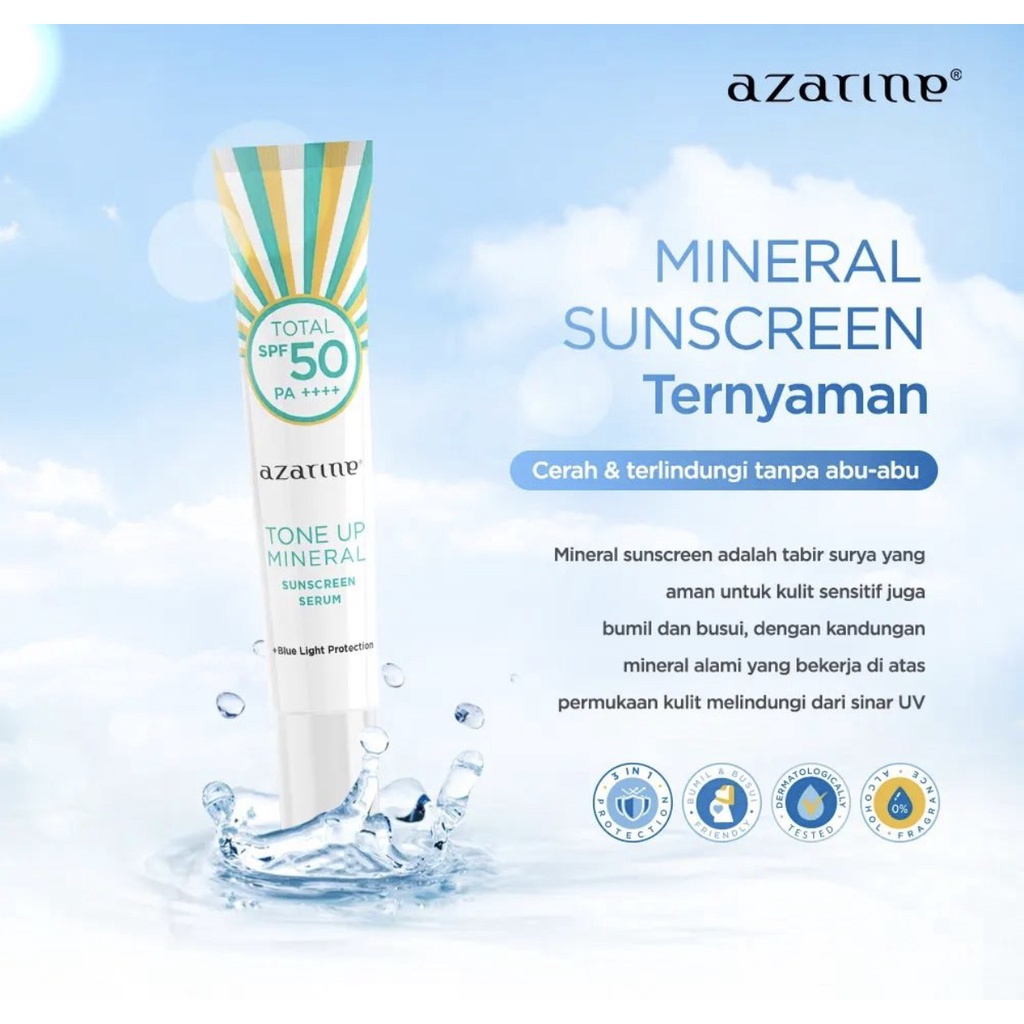 Azarine Tone Up Mineral Sunscreen Serum SPF50 PA++++ 27ml BPOM | Lazada Indonesia
