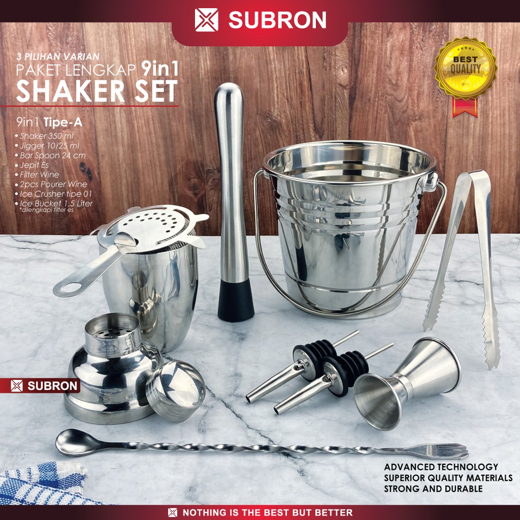 SUBRON Shaker Set 9in1 Paket Bar Spoon Filter Wine Jigger Measure Cup ...