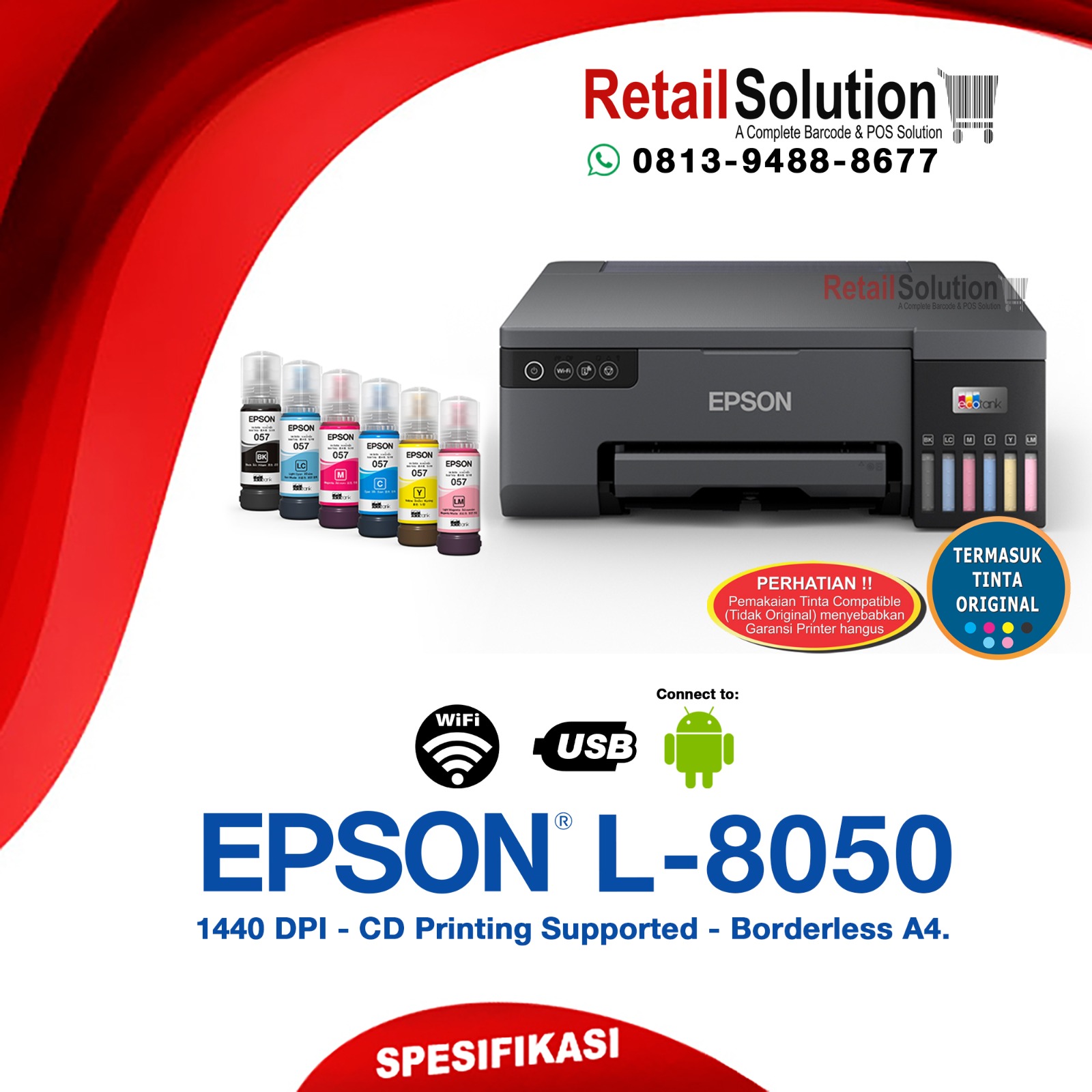 Printer Wireless WiFi A4 6 Warna Infus CD DVD - Epson Ecotank L8050 ...