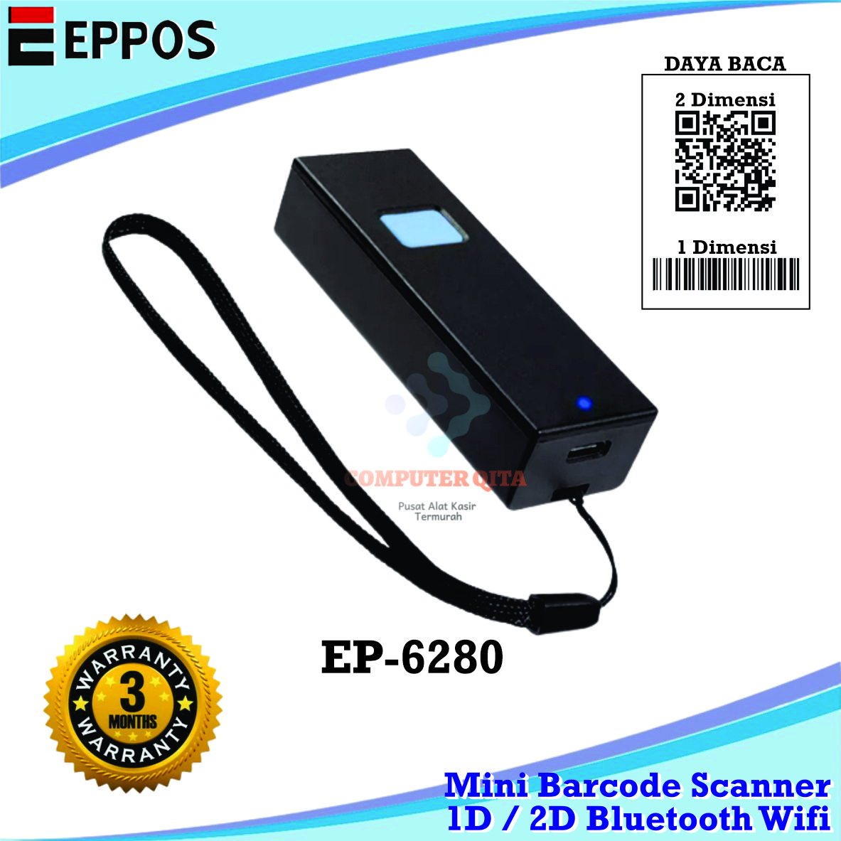 Portable Barcode Scanner 1D/2D EPPOS EP6280 - Bluetooth Wireless ...