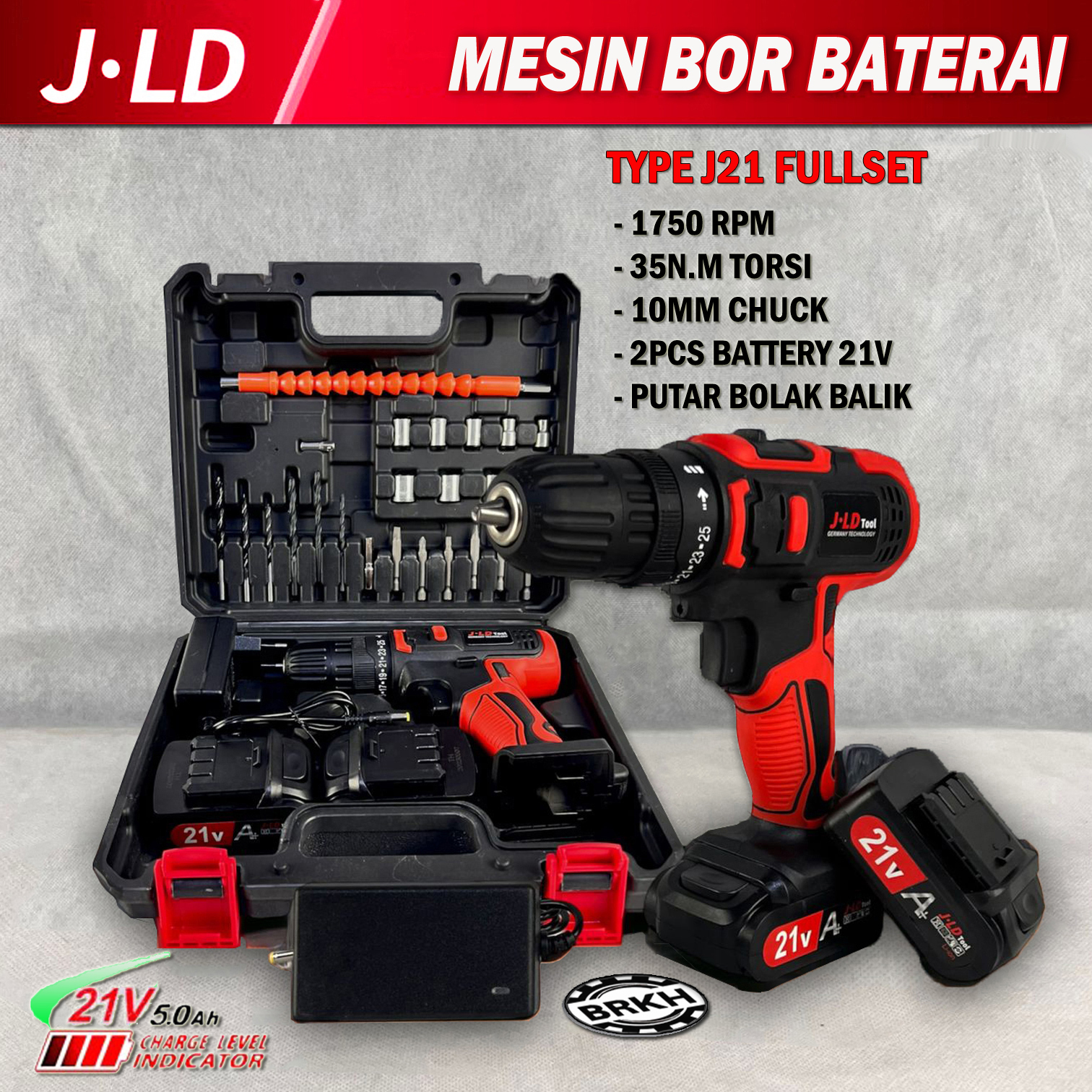 JLD Mesin Bor Baterai Cas Komplit 21V Cordless Drill 10mm Bolak Balik Bor Tembok Kayu Besi ...