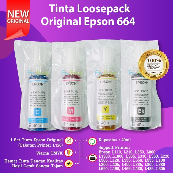 1 SET Tinta Printer EPSON L120 ORIGINAL ORI 100% 664 HITAM WARNA BLACK ...