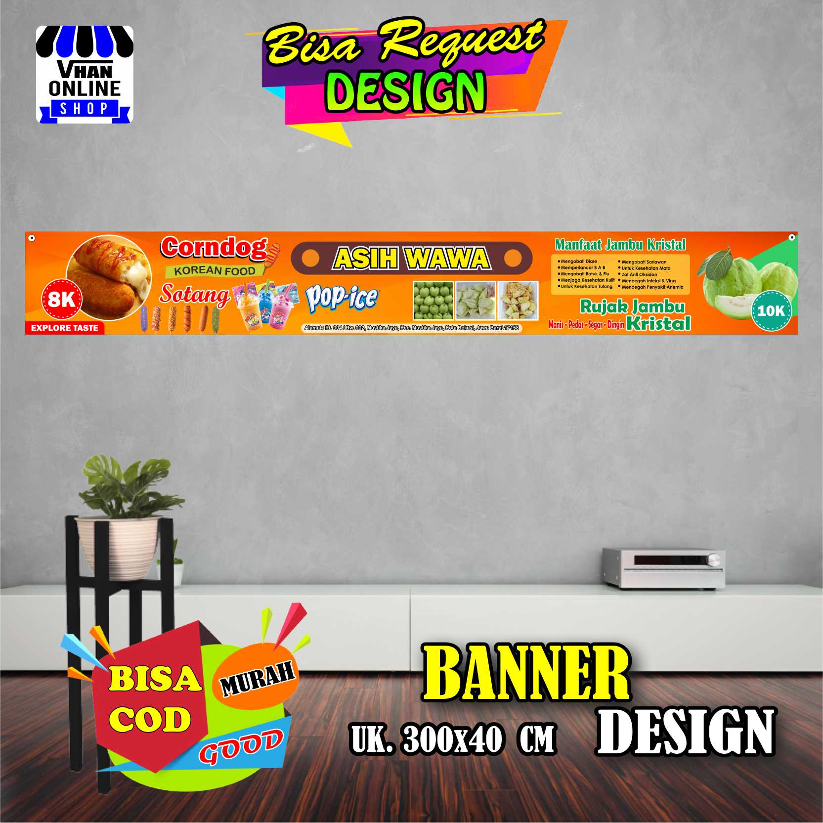 Spanduk Banner Kombinasi Jualan Corndog, Pop Ice, Rujak Jambu Kristal ...