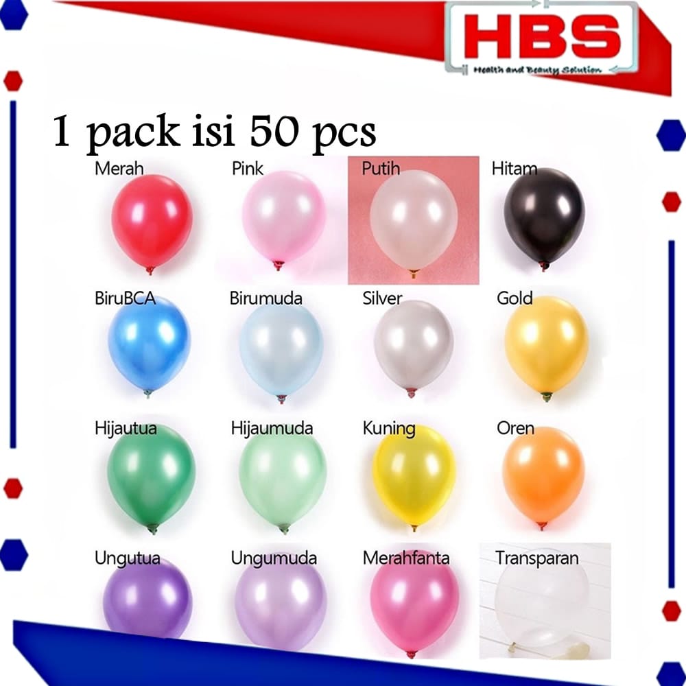HBS (ISI 50 PCS) Ballon Latex Metallic Doff Warna Warni Mix Colour ...
