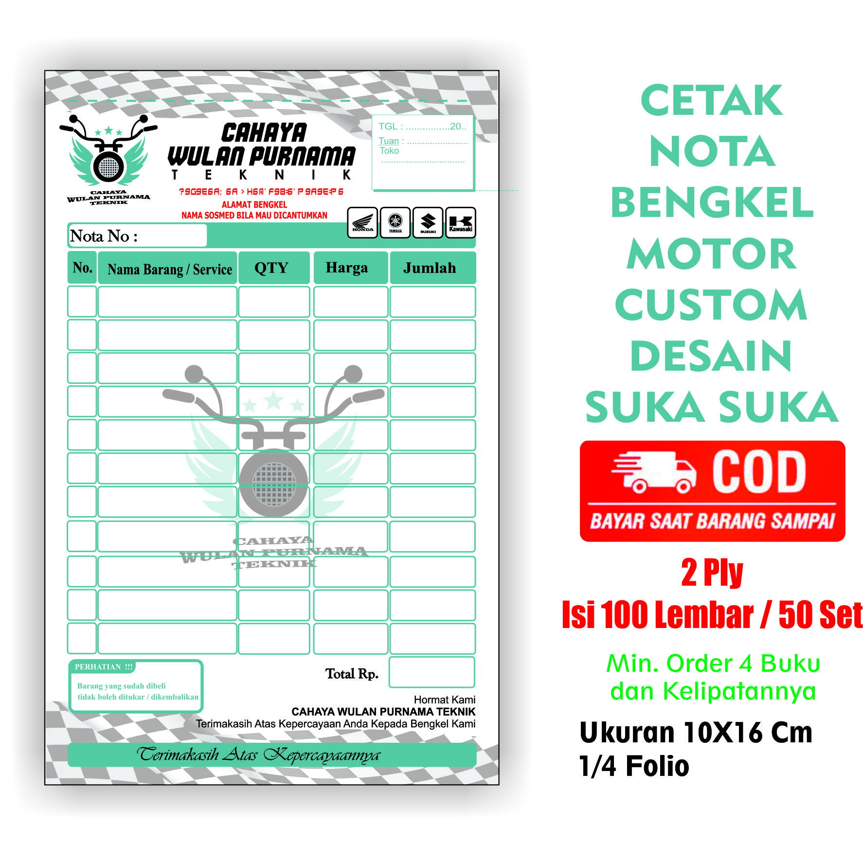 NOTA BENGKEL NAMA SENDIRI 2 PLY/ isi 100 lembar NOTA BEGNKEL/NOTA ...