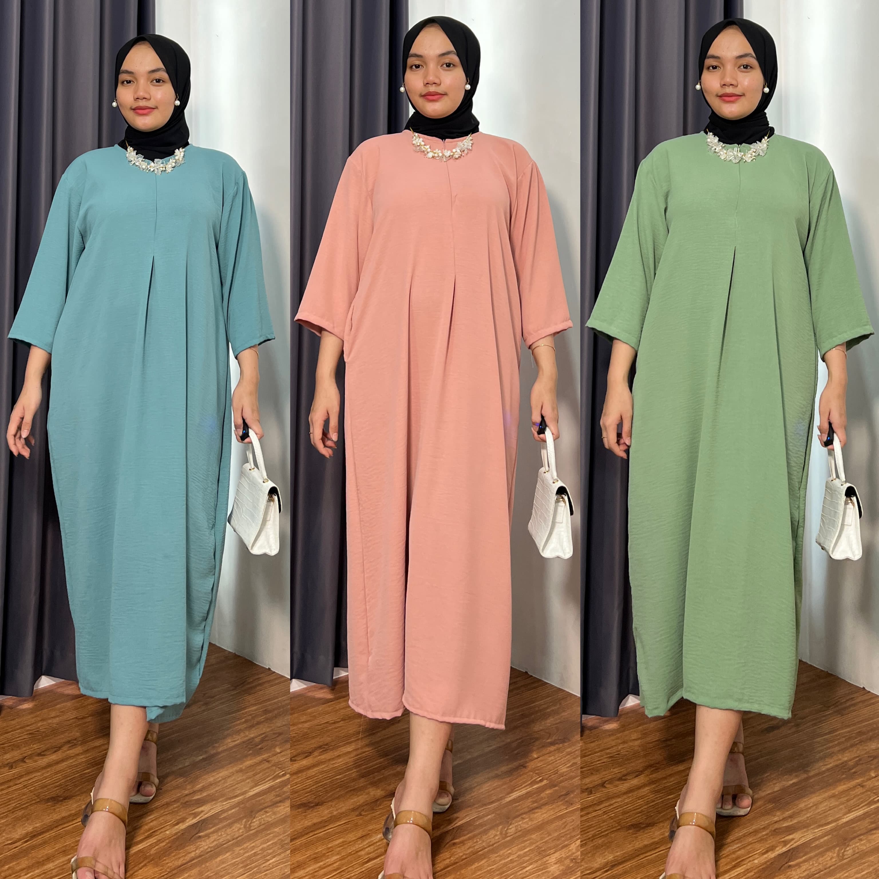 Paket 3Pcs gamis daster 3/4 crinkel polos wanita | Lazada Indonesia