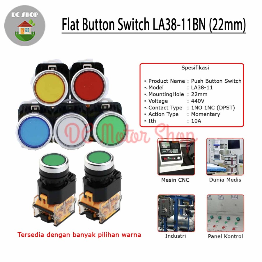 Push Button Flat Buttton Switch 22mm Self Return LA38-11 10A upto 440V ...