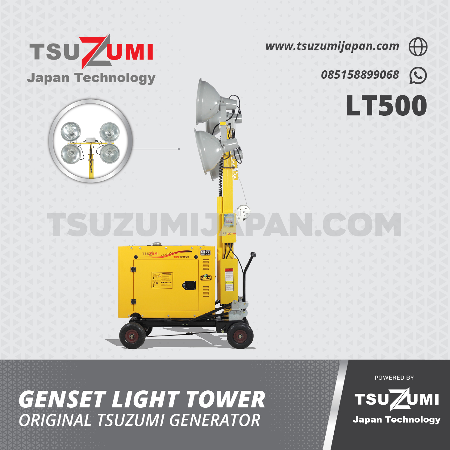 Genset Tower Light 4 x 500 watt LT500 TSUZUMI Tower Light Generator ...