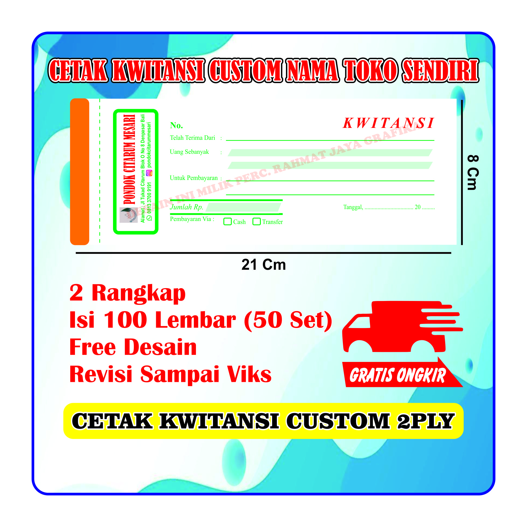 CETAK KWITANSI CUSTOM (MINIMAL ORDER 4 BUKU) / 2Ply/Rangkap Isi 100 ...