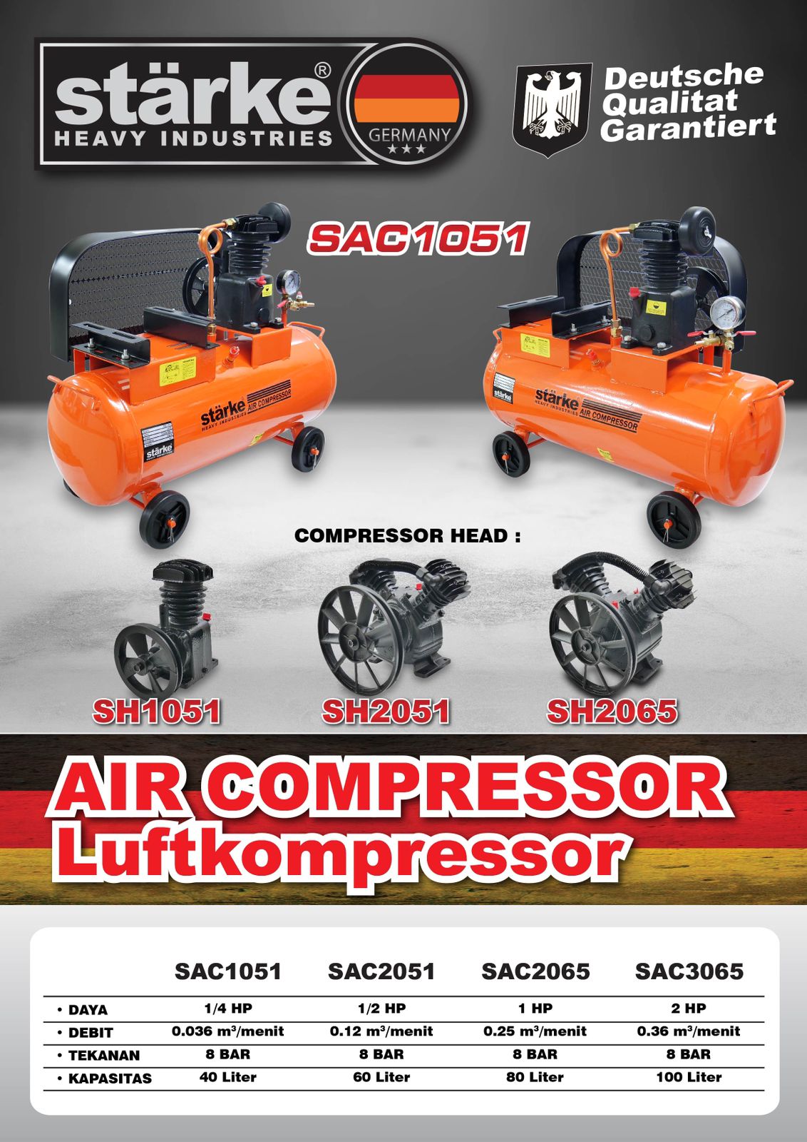 Kompresor Tabung Angin 80L 1Hp STARKE SAC2065 Piston 2 Air Compressor ...
