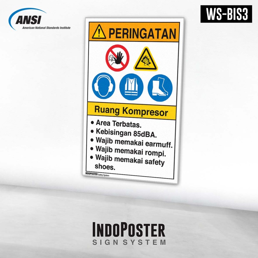 Stiker K3 Safety Sign ANSI Bahaya Bising Ruang Kompresor Wajib Earmuff ...