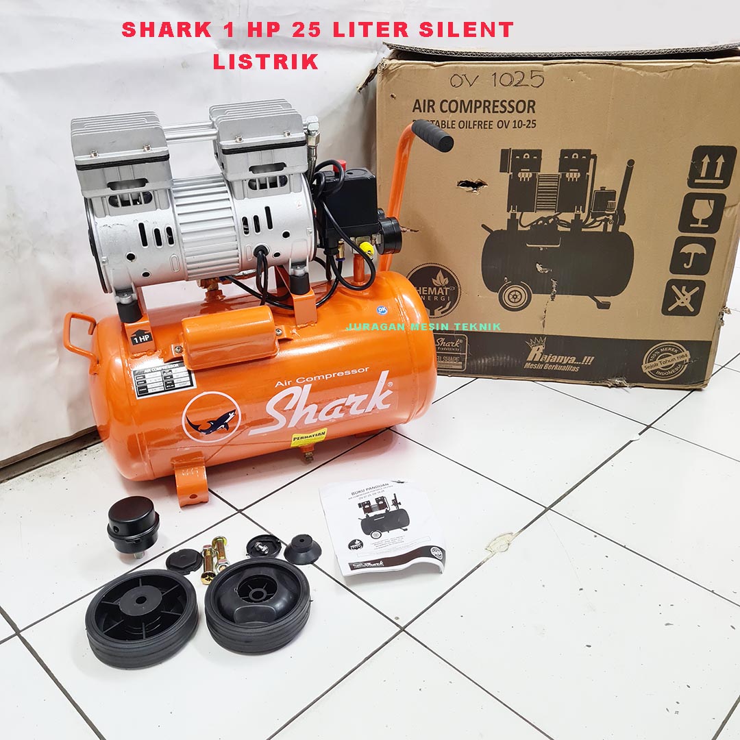 Mesin Kompresor Shark 1 HP Silent 25 Liter silent Tanpa Oli Listrik 750 ...