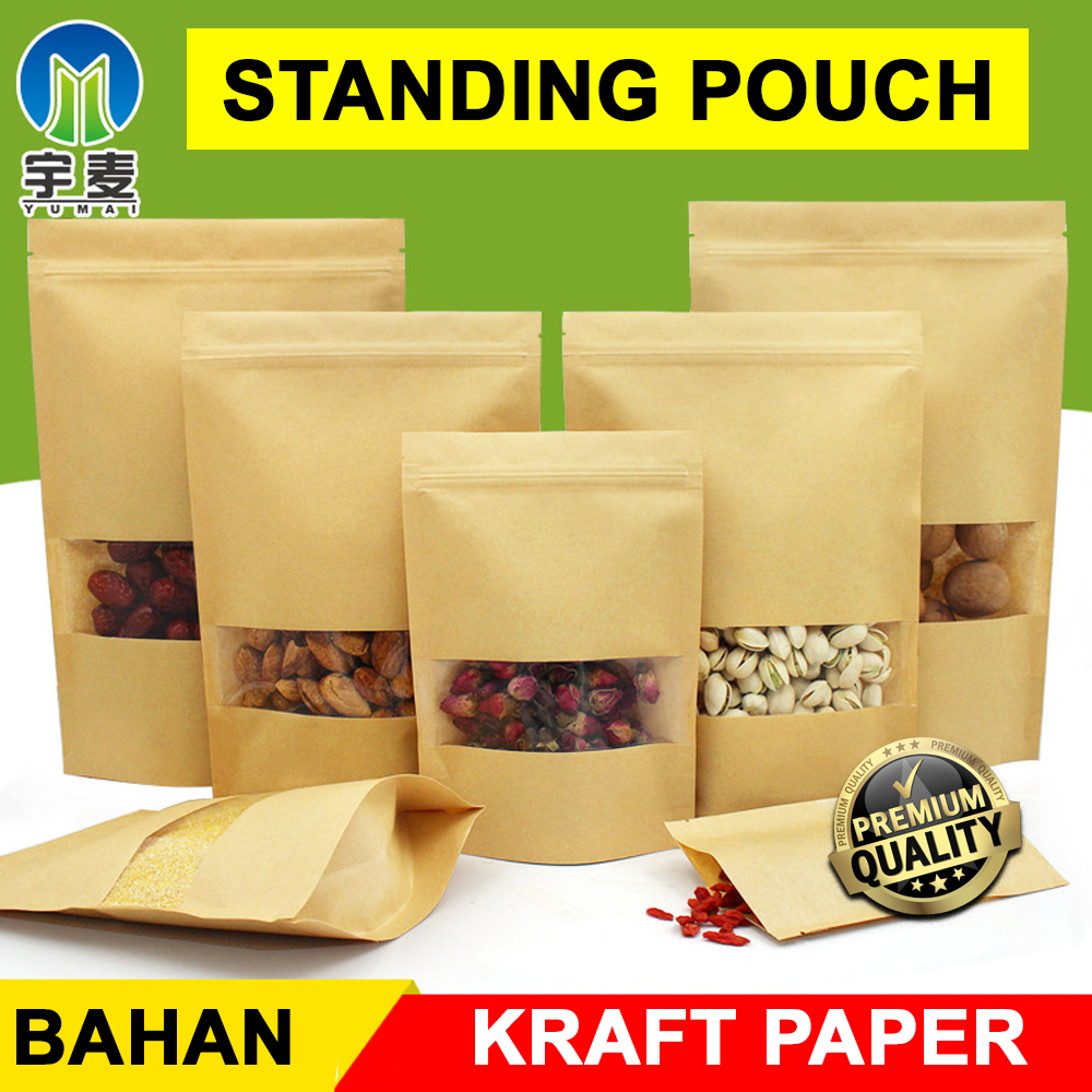 STANDING POUCH KRAFT PAPER COKLAT WINDOW / PLASTIK KLIP KRAFT PAPER ...