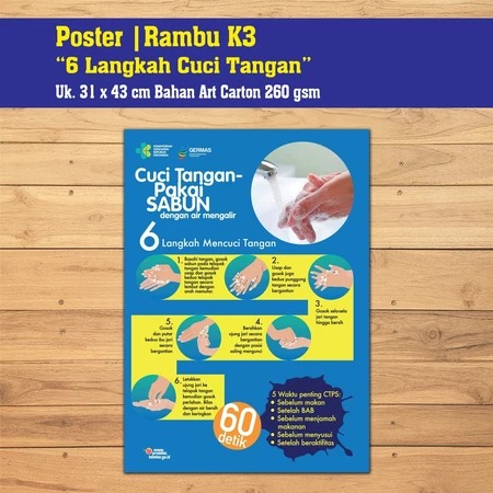 POSTER KESEHATAN 6 LANGKAH CUCI TANGAN PAKAI SABUN Uk. 31 x 43 CM SIGN ...