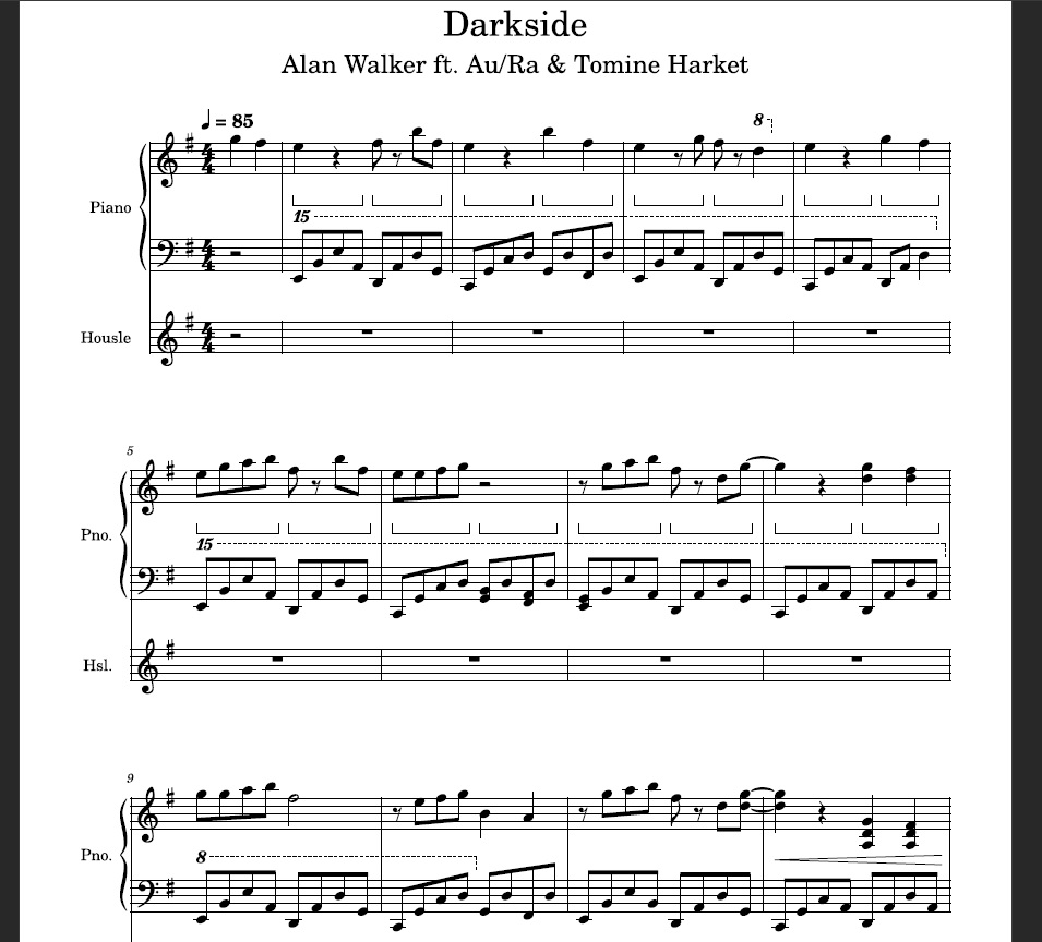Partitur Musik Not balok Darkside Alan Walker dengan Piano Violin Gitar ...