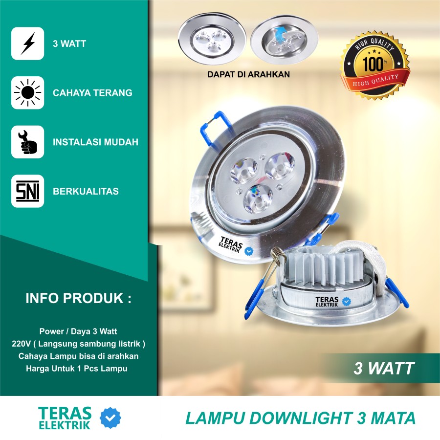 Lampu Plafon Downlight 3 mata / lampu led downlight 3 watt / Downlight LED 3 mata 3 watt ...