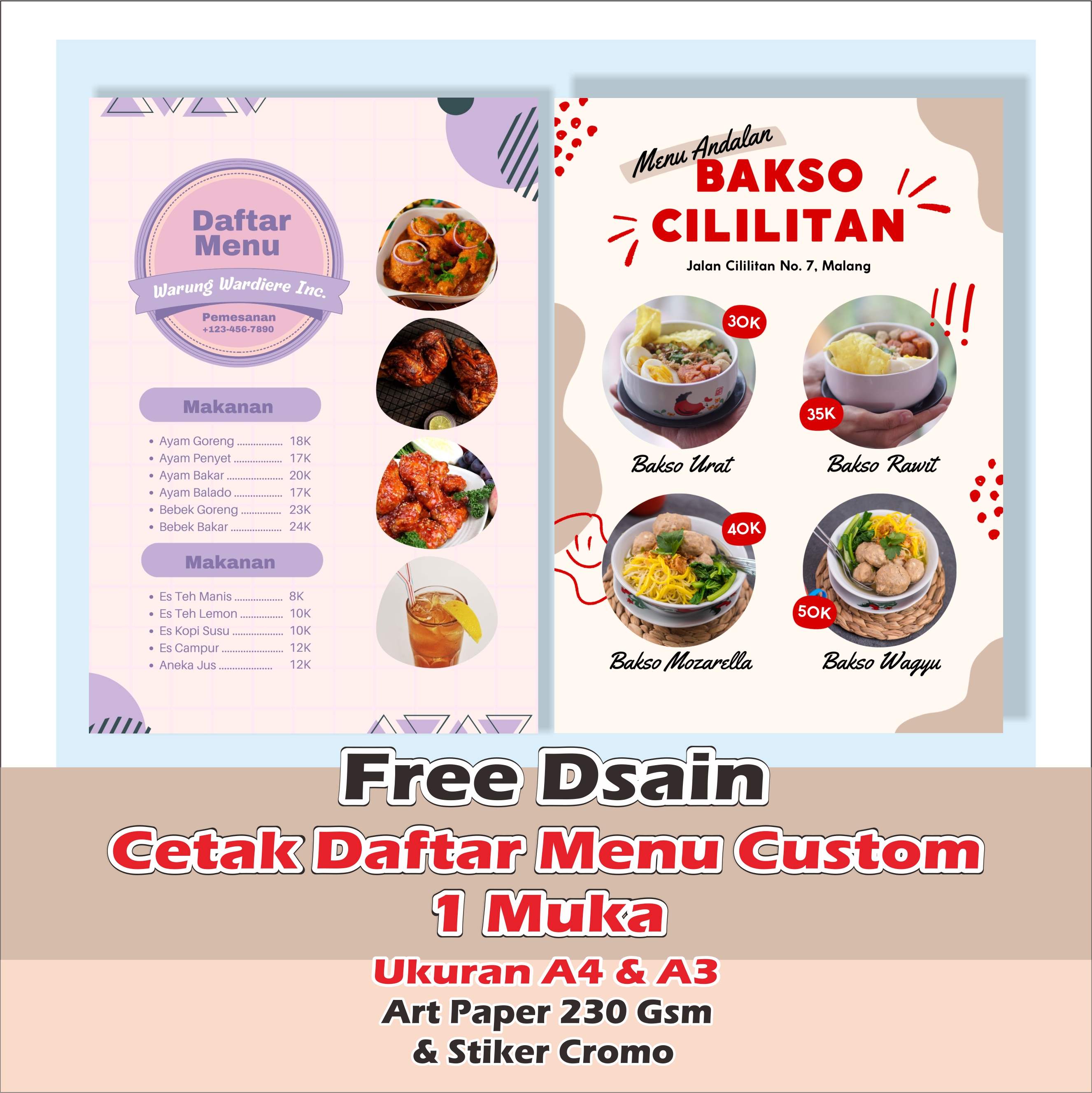 cetak daftar menu 1 Muka Ukuran A4 A3 daftar menu makanan minuman ...