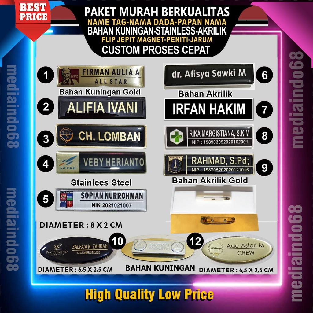 Name Tag /Nama Dada/Papan Nama-Custom Satuan Stainless (diatas 5 Pcs ...