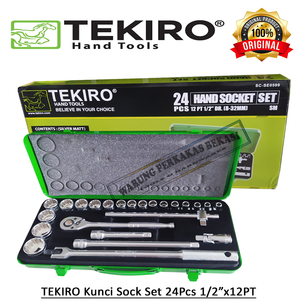 Tekiro 24Pcs 12PT x 1/2 Inch BOX BESI Kunci Sock Sok Socket Set Mata 8mm - 32mm Full Set Gagang ...
