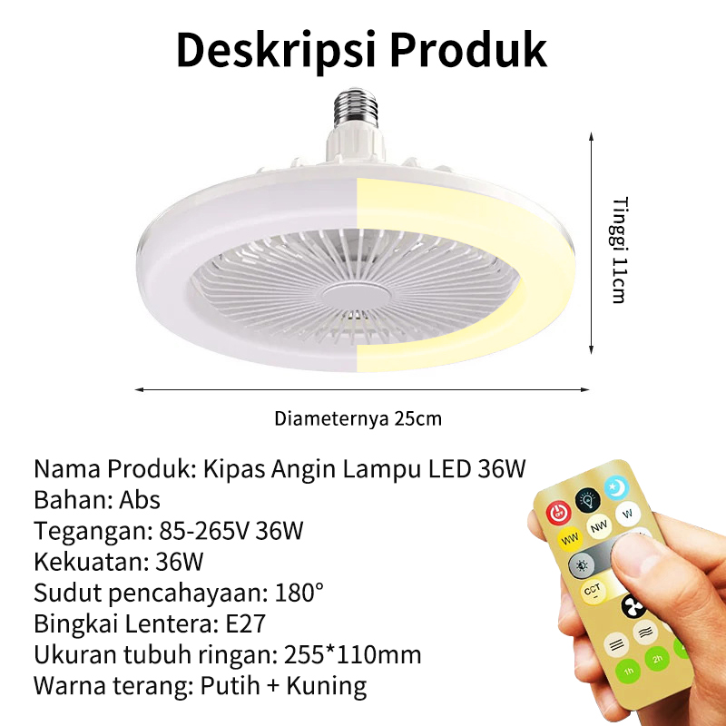 Kipas Angin Lampu LED 36W Remote Control / 2 In 1 Fan & Light dapat ...