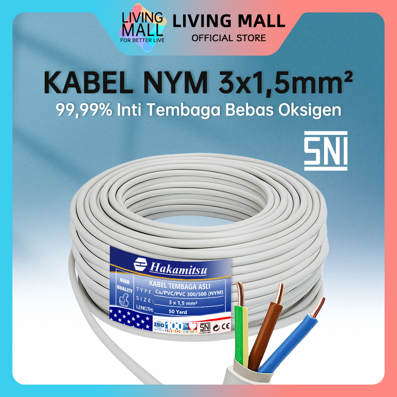Kabel Listrik NYM 3 x 1,5mm 50 Yard Full / Kabel Tembaga Murni PVC SNI / Mrek Hakamitsu | Lazada ...