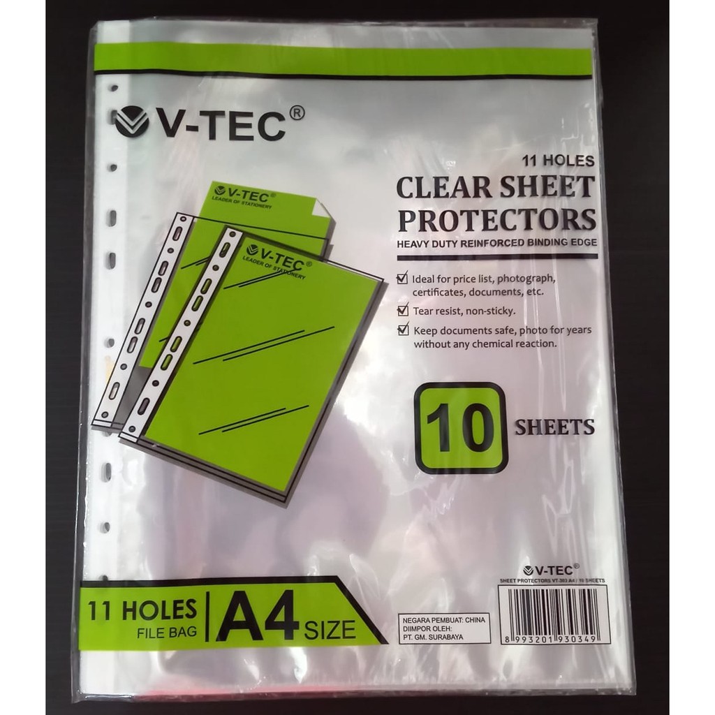 Clear Sheets Protector A4 V-tec isi 10 sheet/ Plastik Pocket V-tec ...