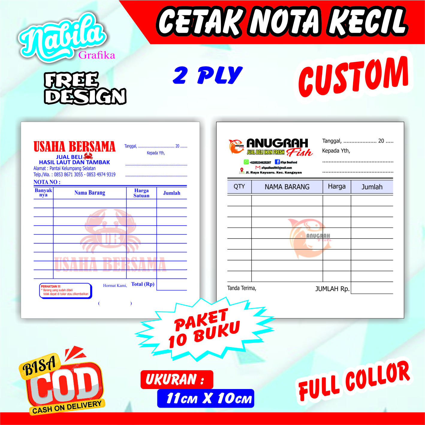 PAKET (10 BUKU) CETAK NOTA COSTUM 2 PLY UKURAN KECIL 1/6 FOLIO /NOTA ...