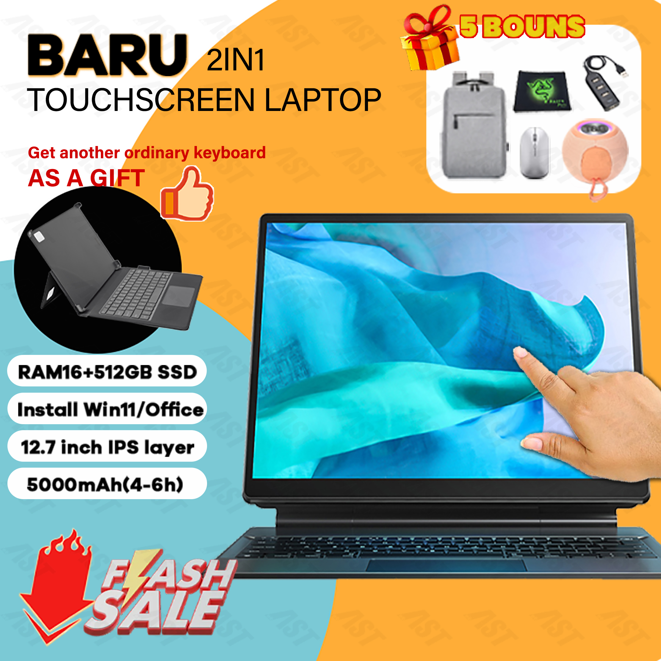 READY--AST Laptop 2 in 1 Touchscreen Baru12" ram16g+512gb ssd Windows ...