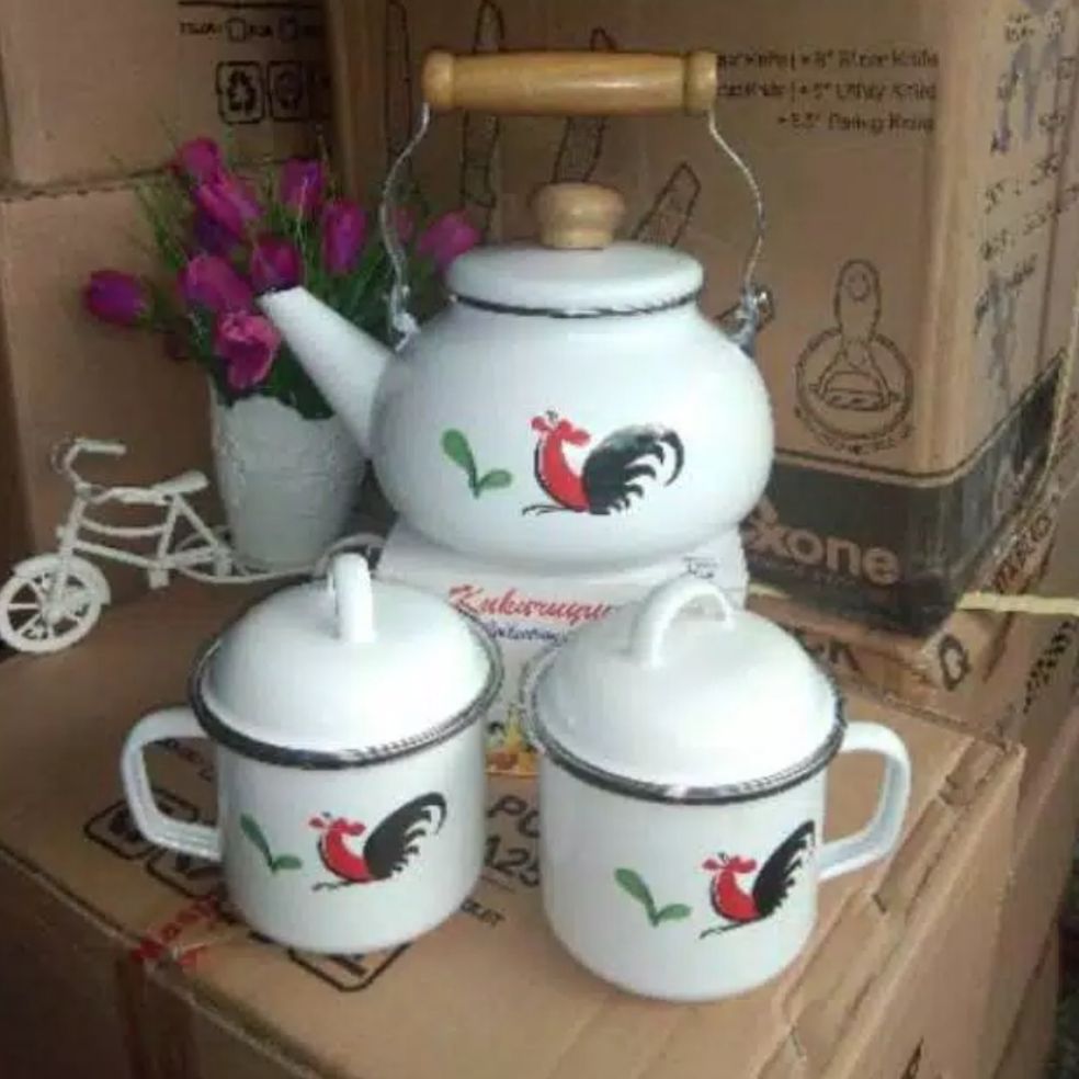 Teko + Mug Jadul Enamel Set Ayam Jago | Lazada Indonesia