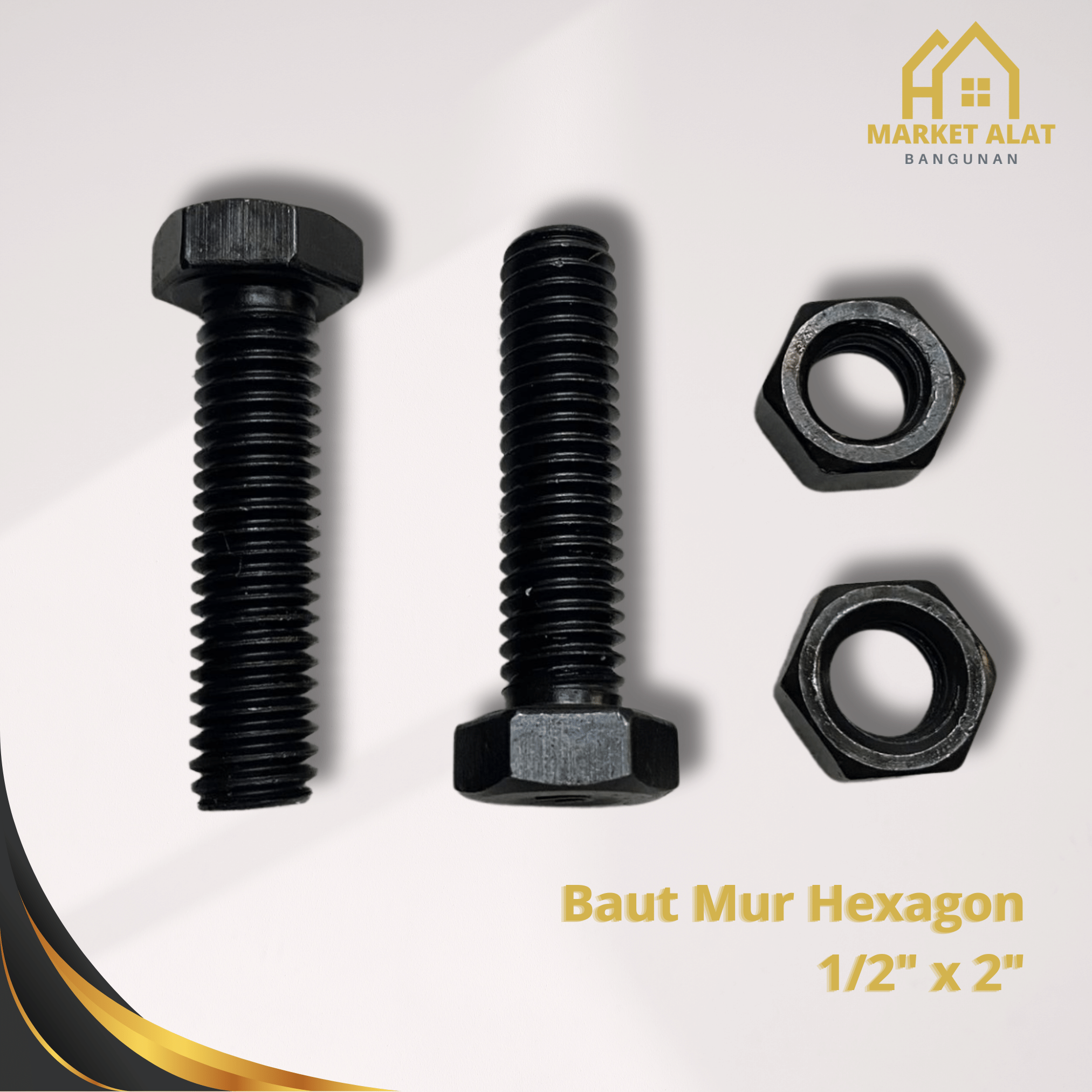 Baut Mur Hexagon M12 x 50 mm UNC Baja Hitam 8.8 Kunci 19 / Full Set ...