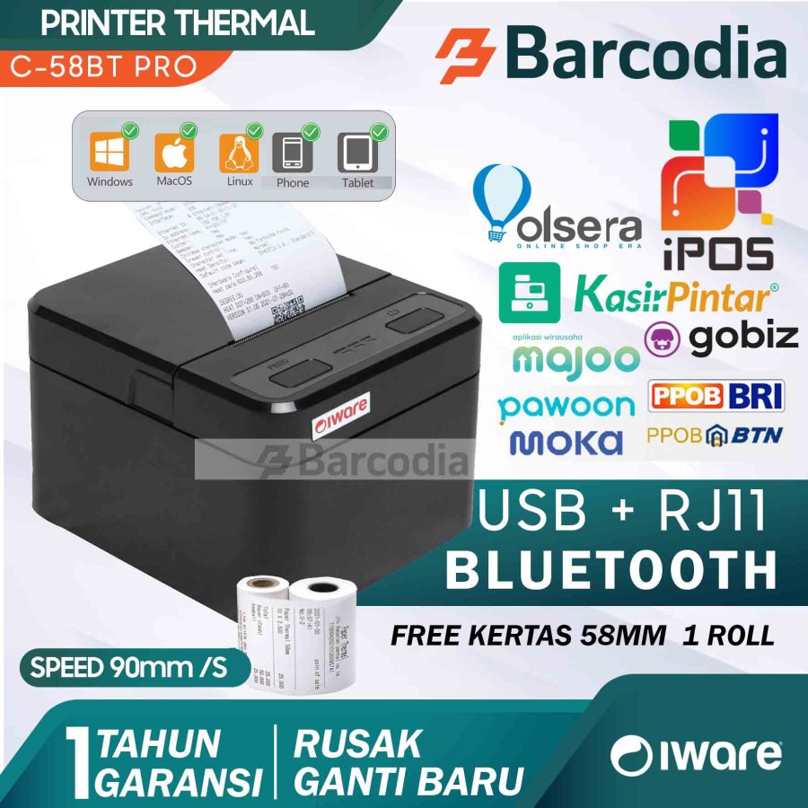 FREE 10 KERTAS PRINTER BLUETOOTH KASIR/PPOB IWARE C58BT THERMAL 58MM ANDROID+IOS+WIN - FREE ...